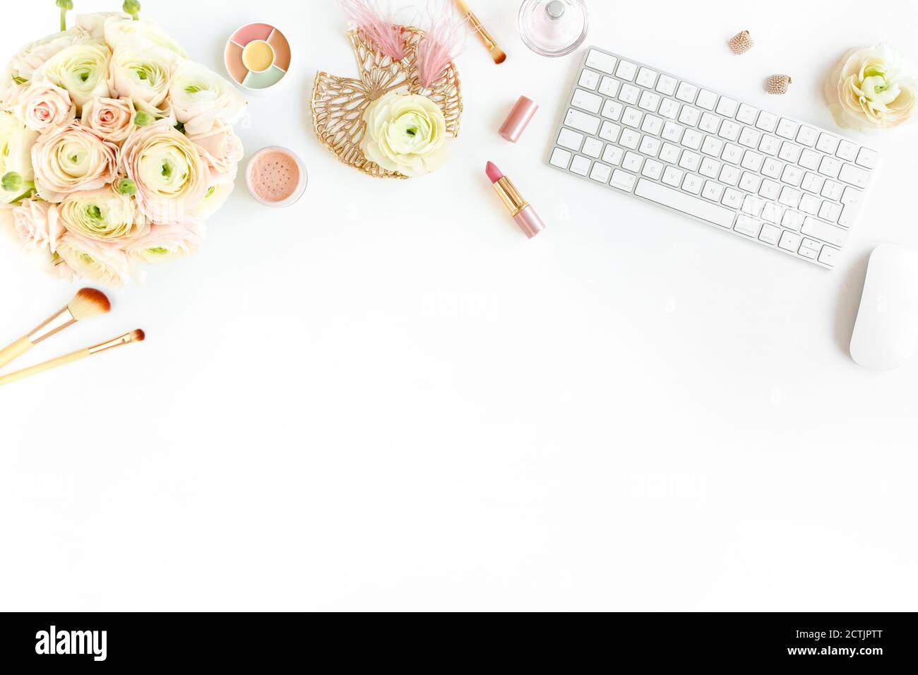 Stylized women's home office desk. Workspace with computer, bouquet ...