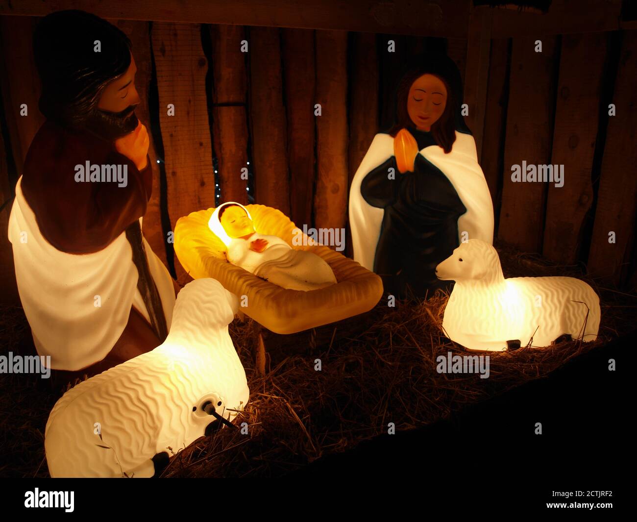 Illuminated Christmas Nativity scene in Platonas, Corfu, Greece Stock ...