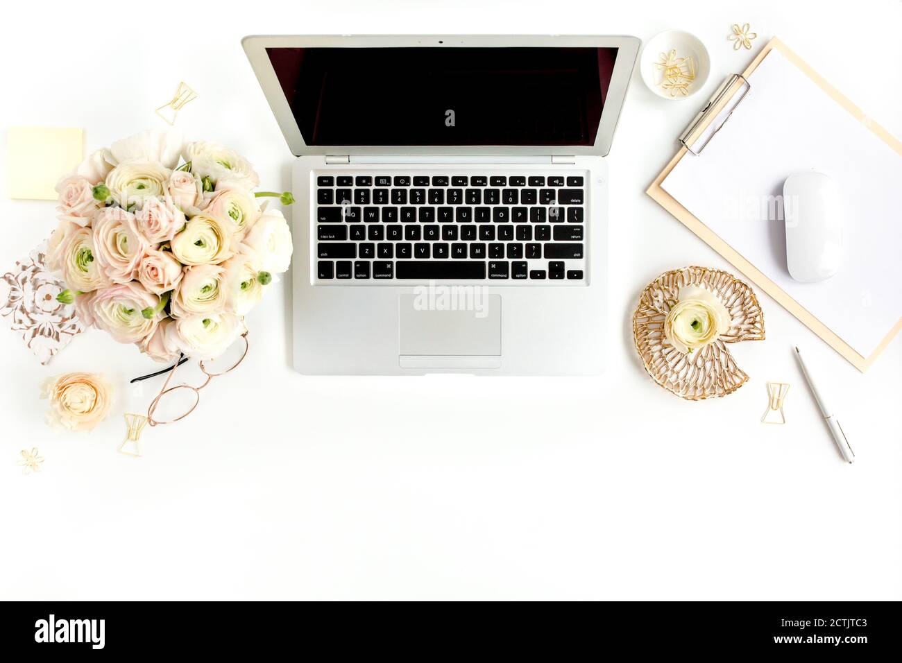Stylized women's home office desk. Workspace with laptop, computer ...