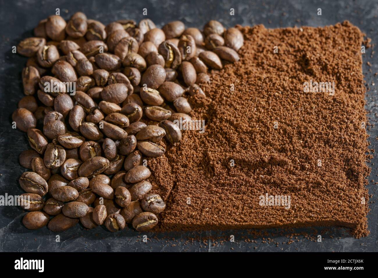 Roasted coffee beans and ground coffee arranged in a square shape, copy ...