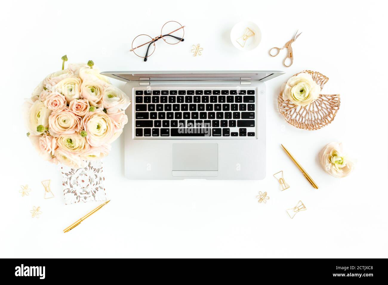 Stylized women's home office desk. Workspace with laptop, computer ...