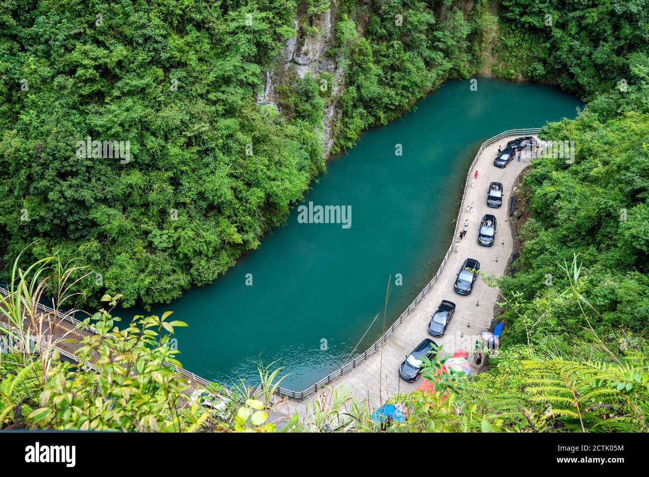 Aerial view of people walking on a float bridge at Shiziguan Village in ...