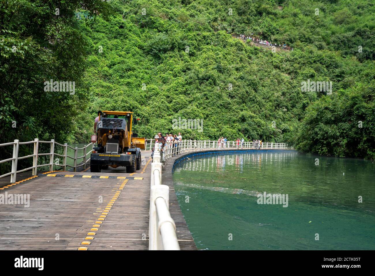 Aerial view of people walking on a float bridge at Shiziguan Village in ...