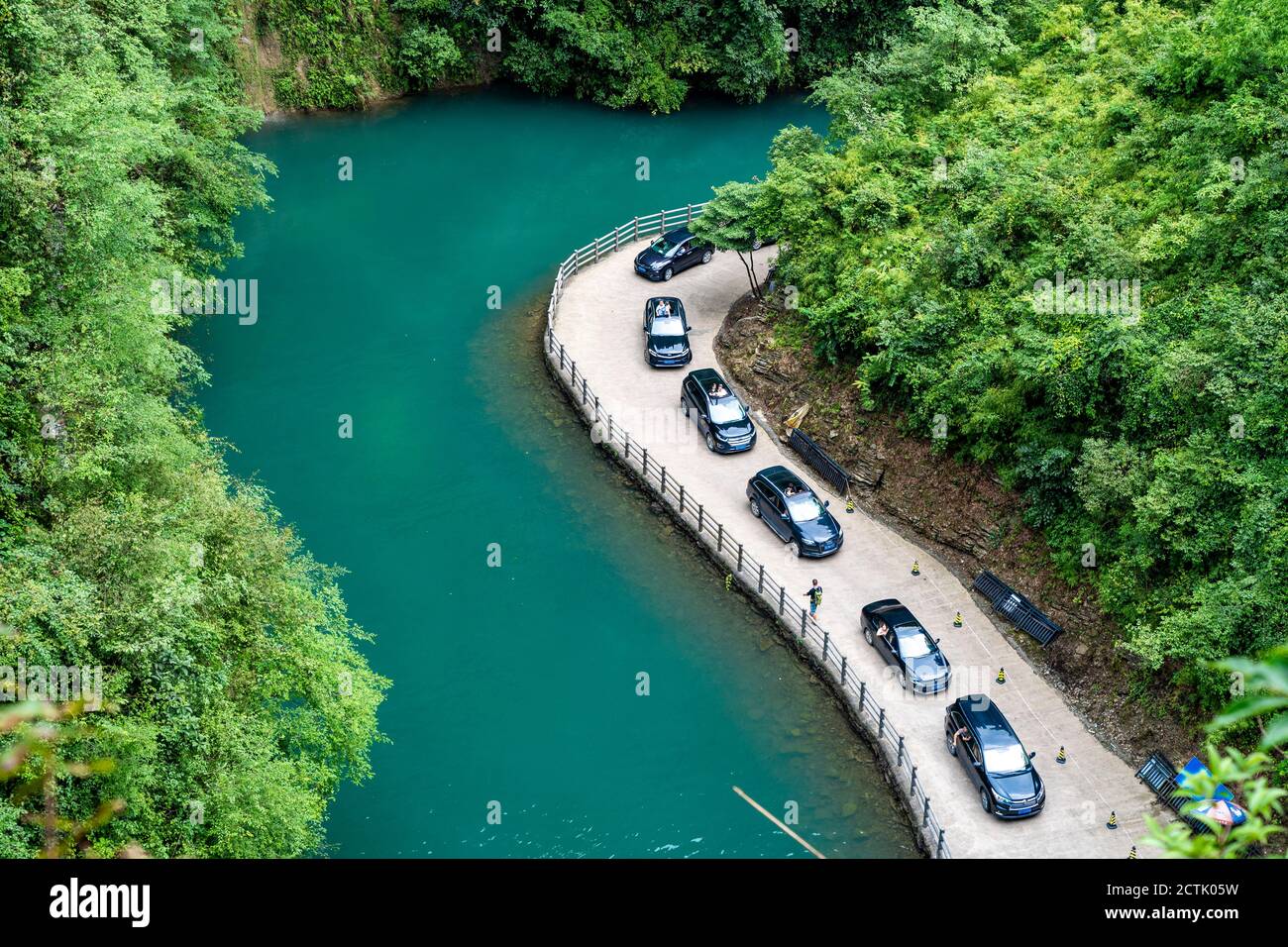 Aerial view of people walking on a float bridge at Shiziguan Village in ...