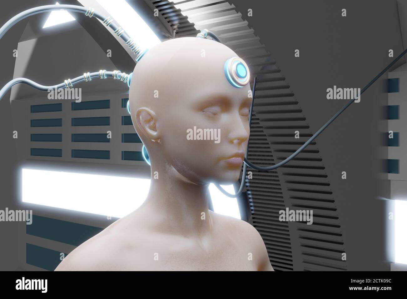 3D illustration of human brain connected with wires in laboratory Stock ...