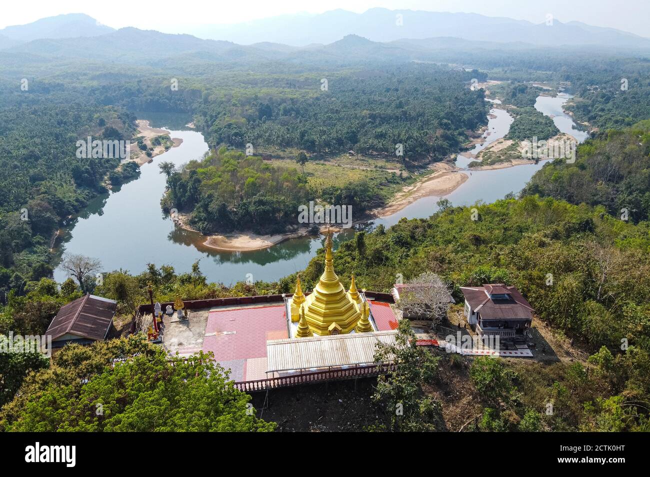 Myanmar, Mon State, Kyaing Ywar, Aerial view of Buddhist temple on bank ...