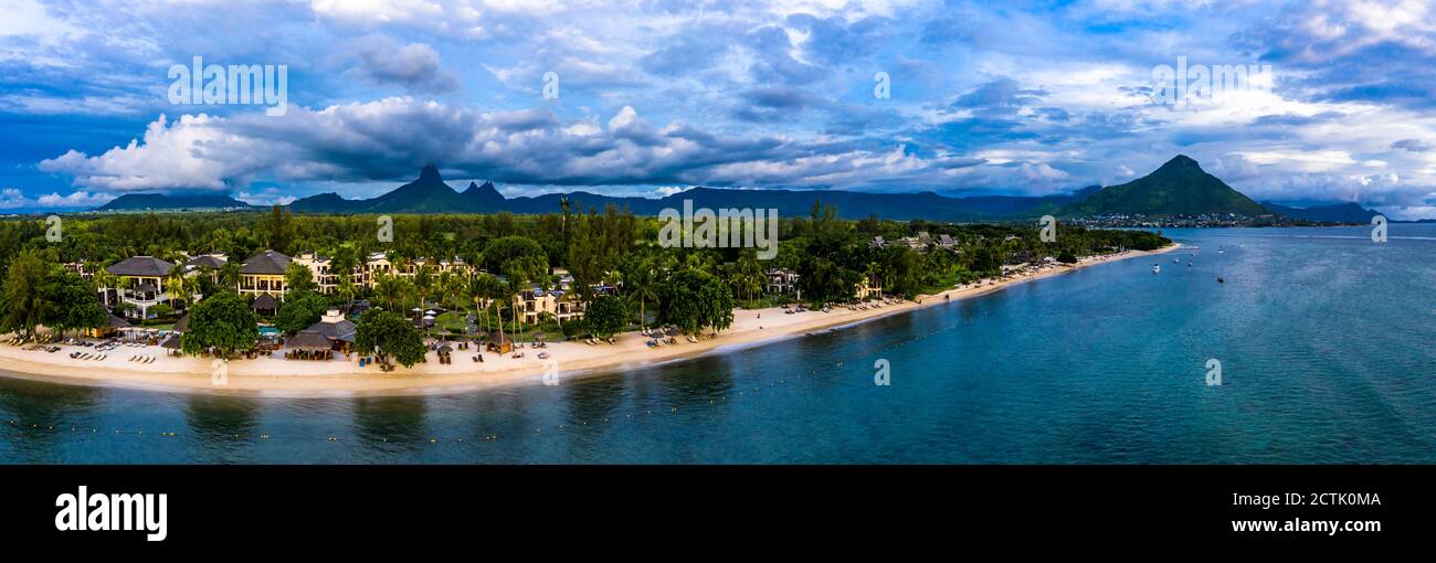 Mauritius, Black River, Flic-en-Flac, Helicopter panorama of coastal ...