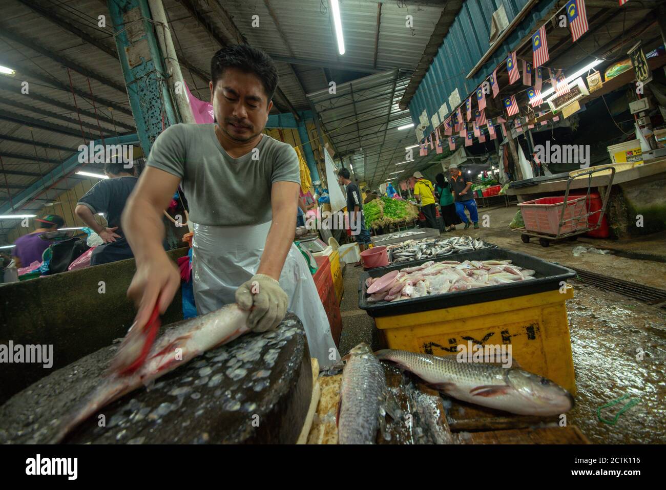 Bukit Mertajam, Penang/Malaysia - Mar 11 2017: Fish monger at stall in ...
