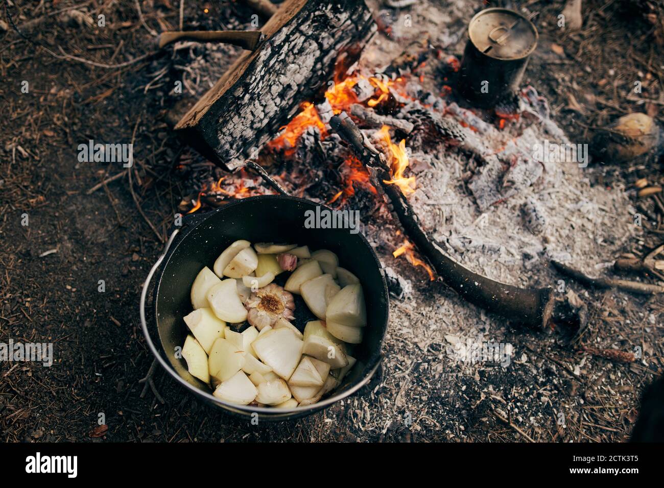 Cooking food over flames from campfire Stock Photo - Alamy