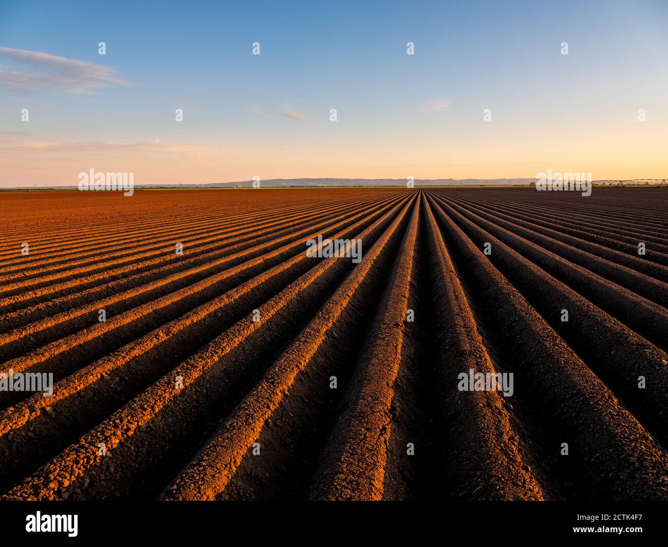 Ploughed field at sunset Stock Photo - Alamy