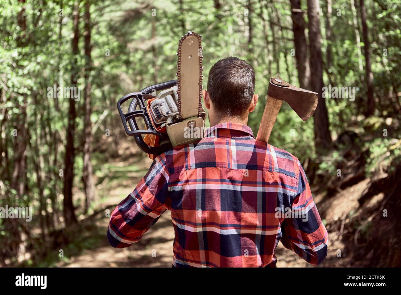 Lumberjack with chainsaw and axe walking in forest Stock Photo - Alamy