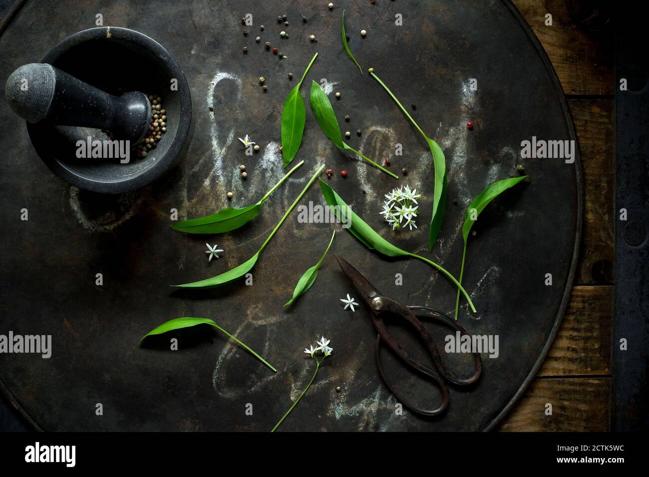 Mortar and pestle, scissors, ramson and peppercorns on rustic baking ...