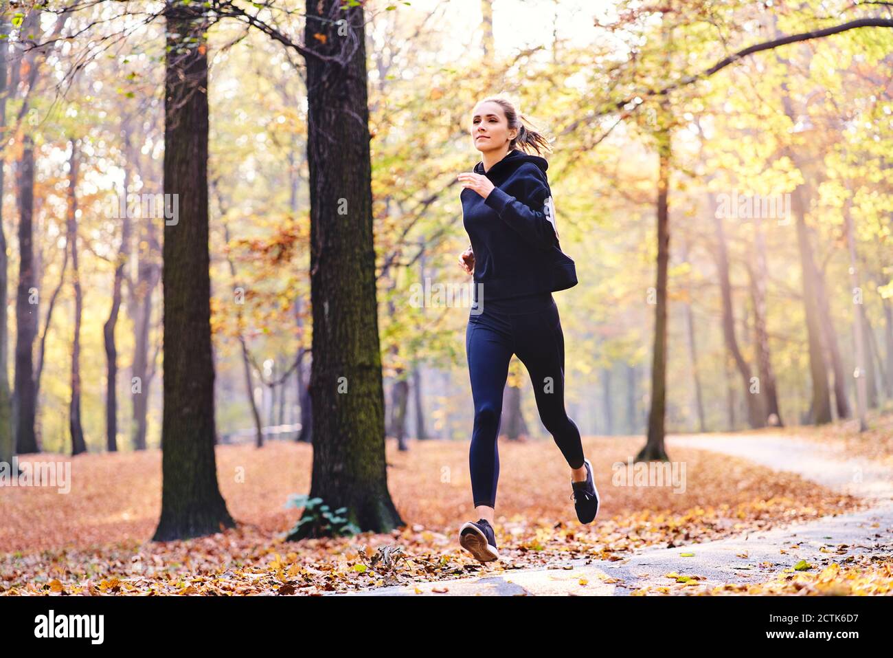 Young woman jogging in autumn forest Stock Photo - Alamy