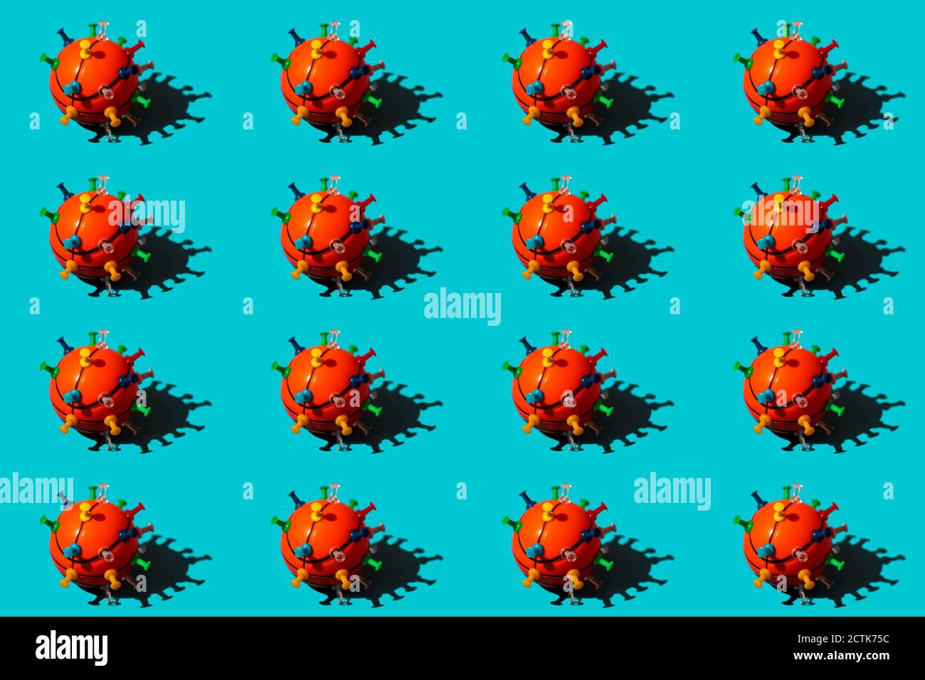 Pattern of thumbtacked basketballs resembling virus cells Stock Photo ...