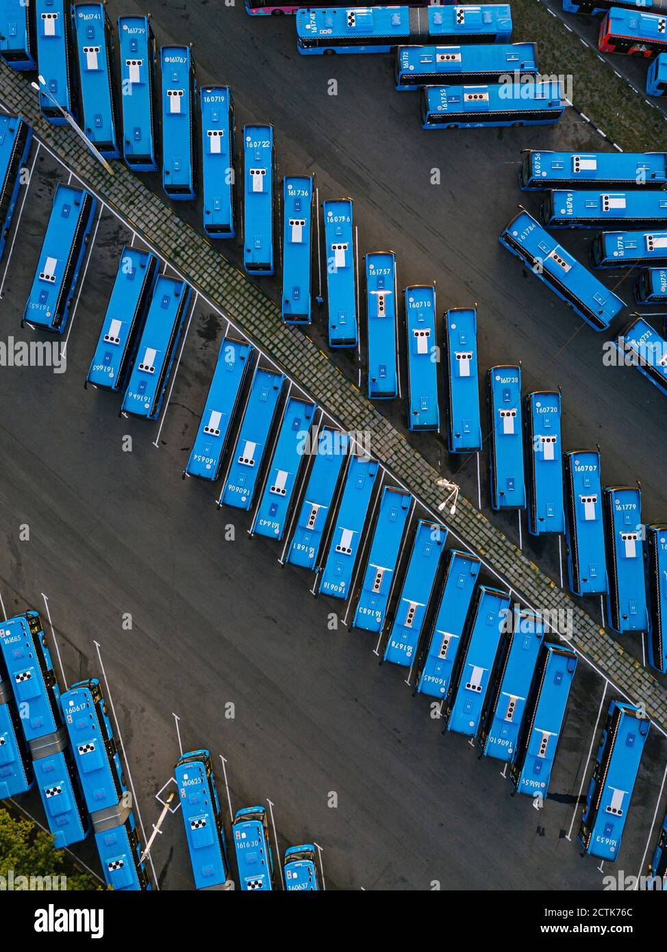 Aerial view of parking lot filled with blue buses Stock Photo - Alamy