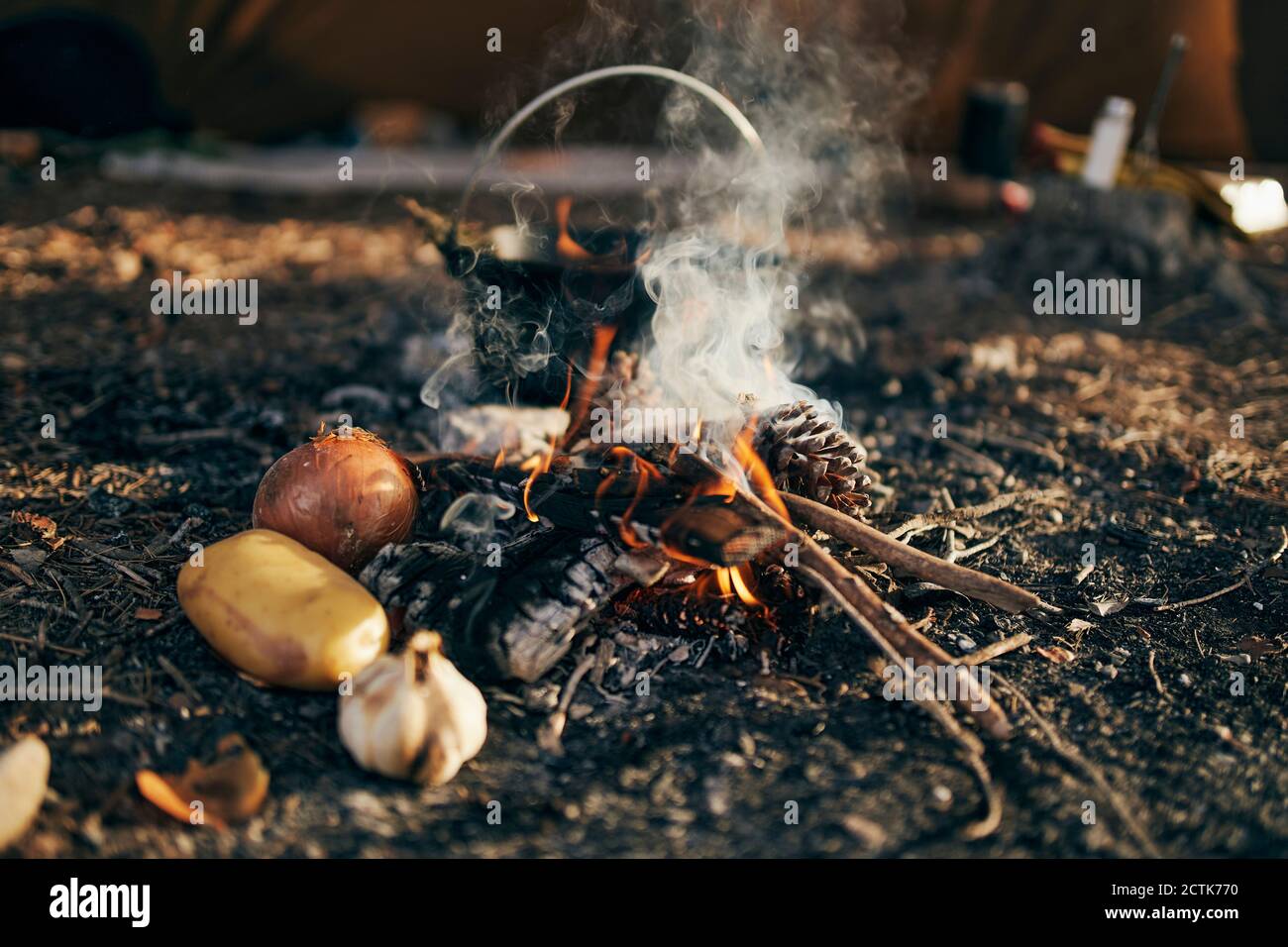 Surface level of cooking food over flames from campfire Stock Photo - Alamy