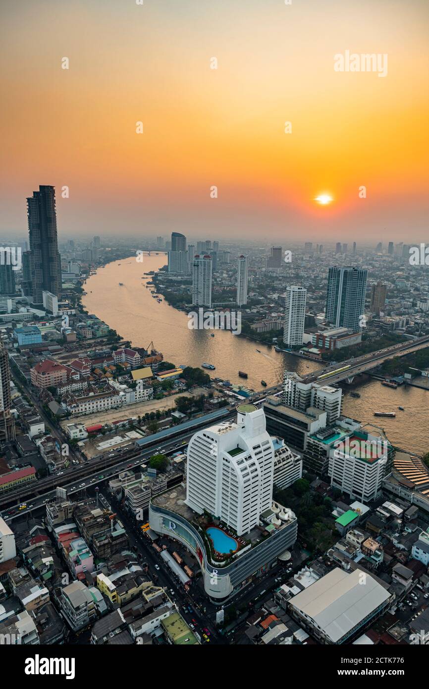 Thailand, Bangkok, Aerial view of capital city downtown at sunset Stock ...