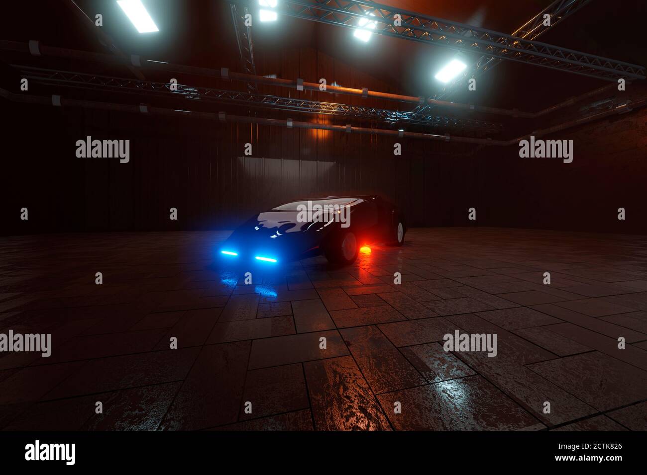 Three dimensional render of futuristic sports car inside large ...