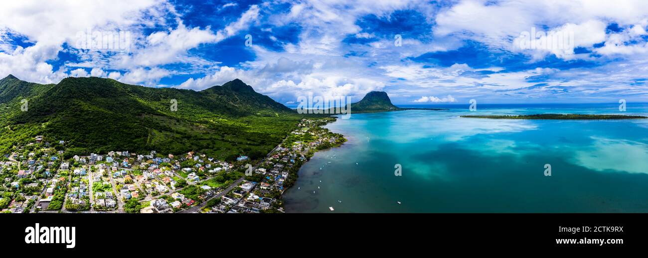 Mauritius, Black River, Tamarin, Helicopter view of coastal village in ...
