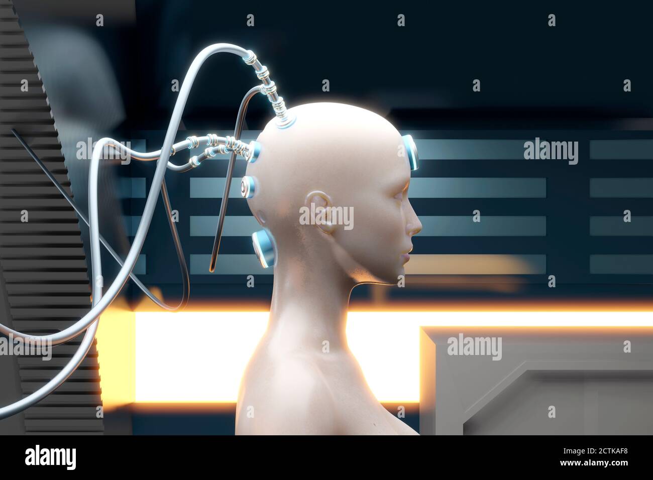 3D illustration rendering of human brain connected with wires Stock ...