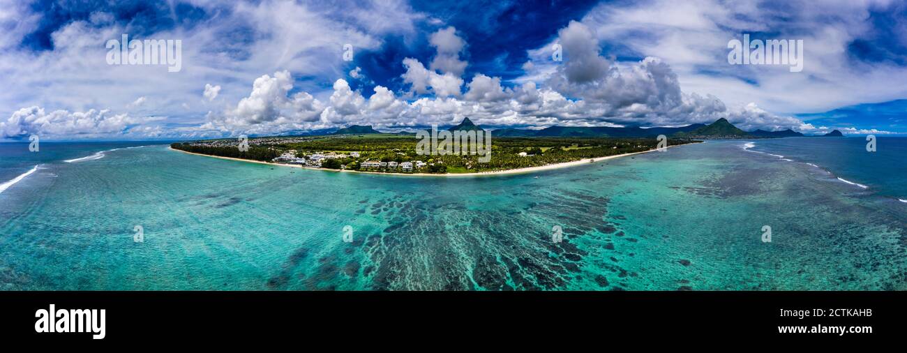Mauritius, Black River, Flic-en-Flac, Helicopter panorama of island in ...