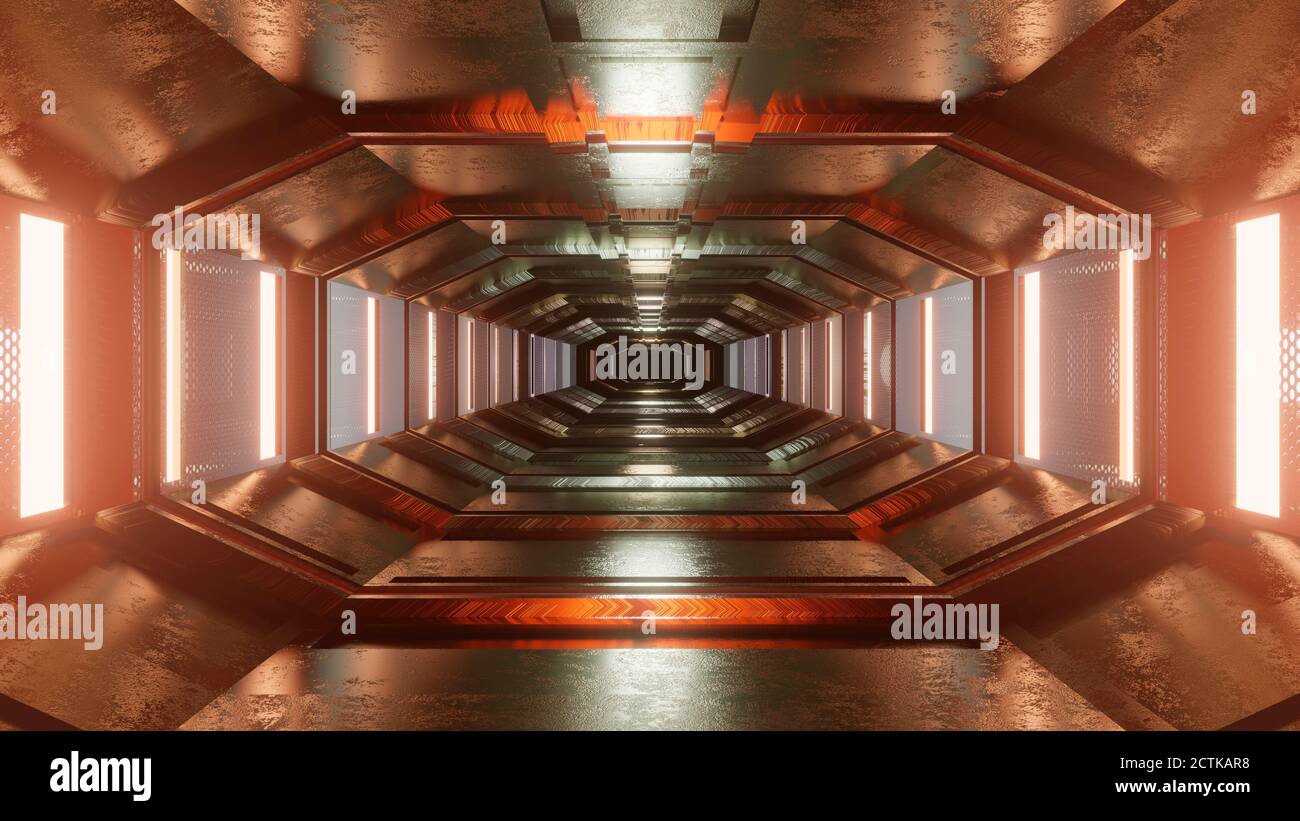 Diminishing perspective of illuminated empty spaceship Stock Photo - Alamy