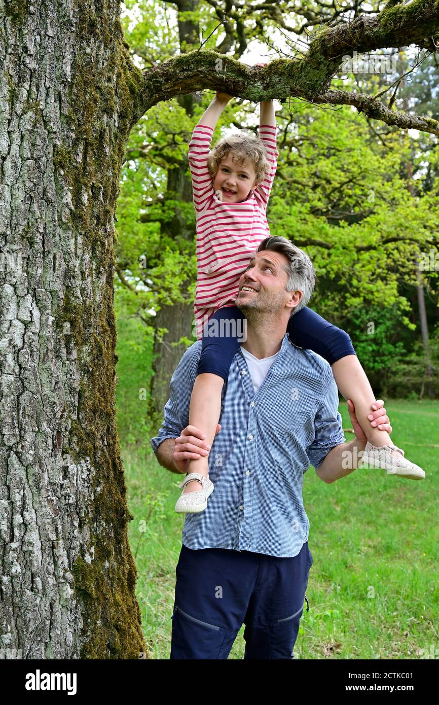 Girl holding tree branch while sitting on father shoulder in forest ...