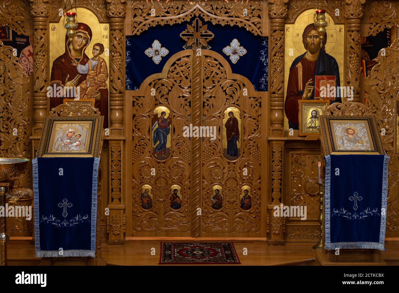 Orthodox icons and iconostasis closeup. When worshipers enters the ...