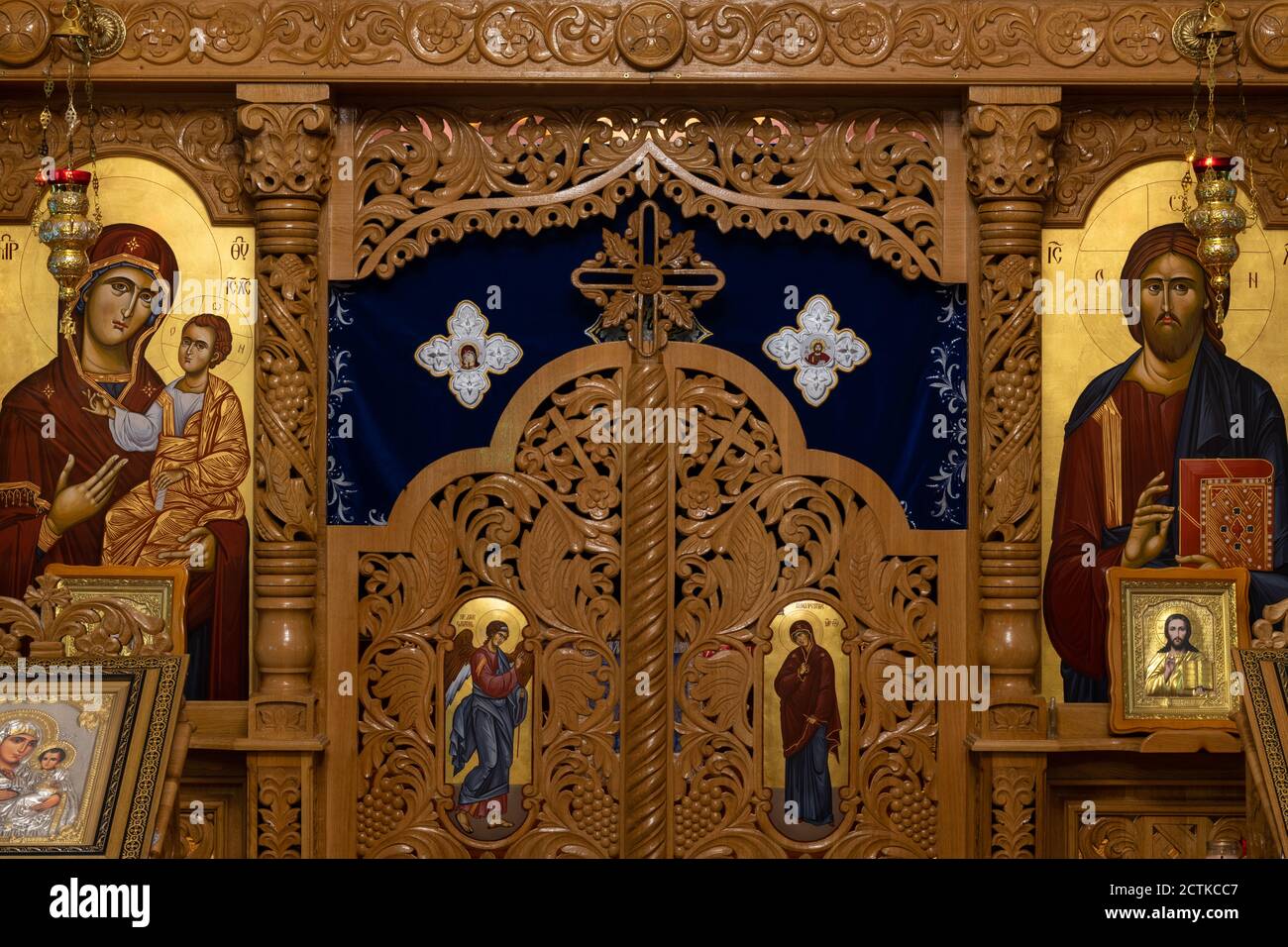 Orthodox icons and iconostasis closeup. When worshipers enters the ...