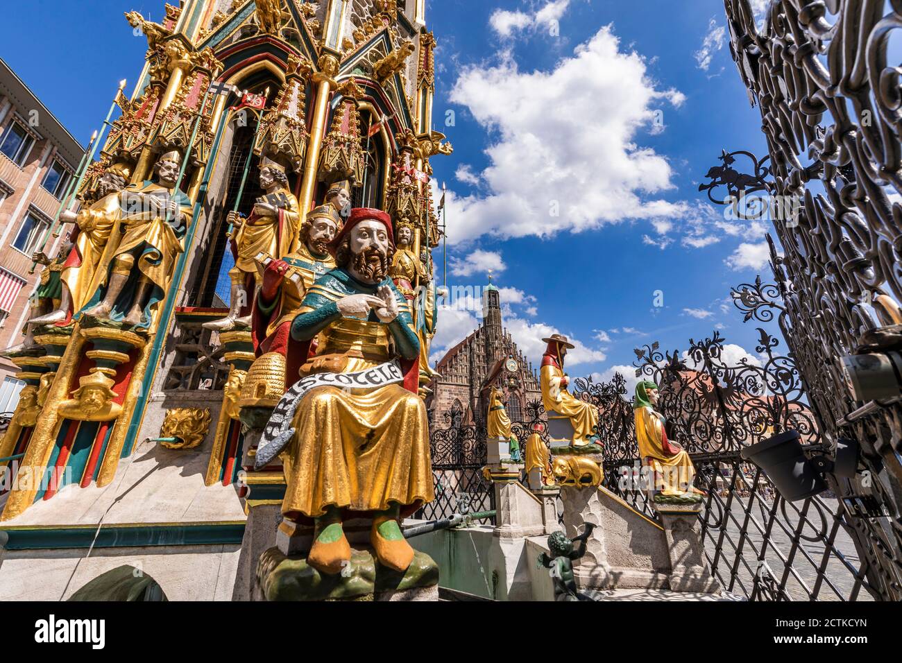 Germany, Bavaria, Nuremberg, Sculptures of historical Schoner Brunnen ...