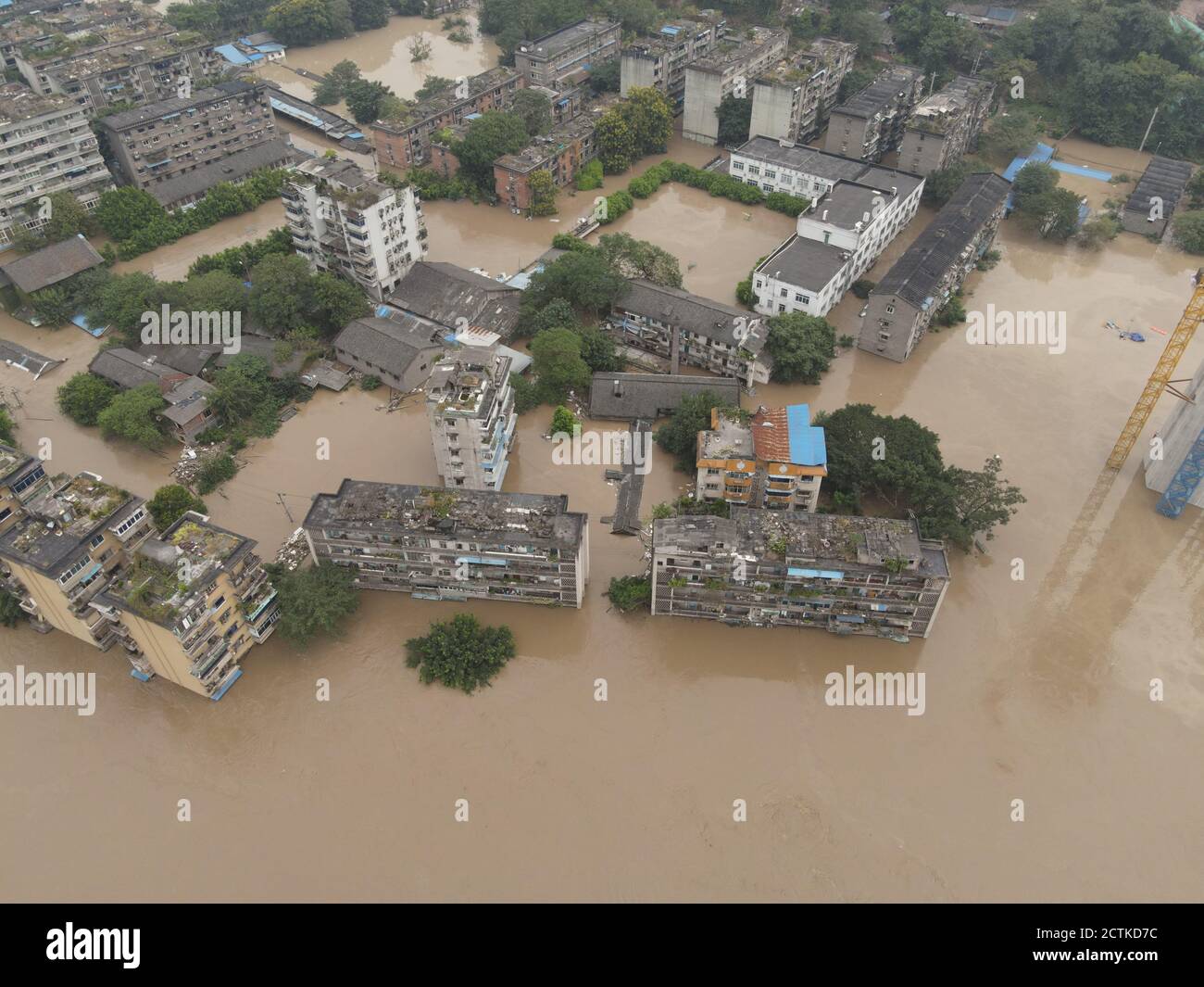 Aerial view of villages submerged by flood at the Guojiatuo ...