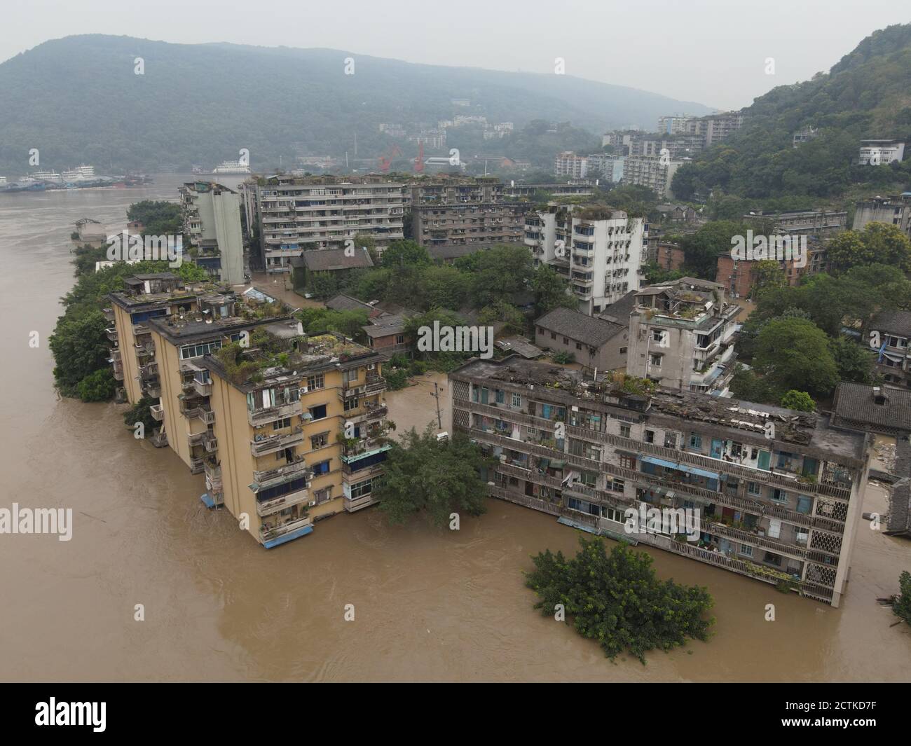 Aerial view of villages submerged by flood at the Guojiatuo ...