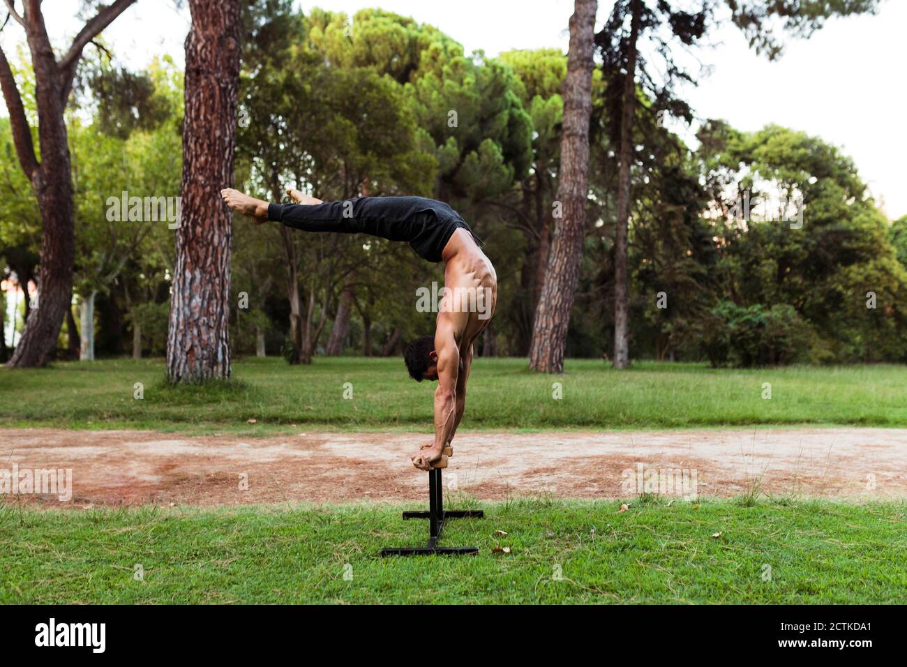 Shirtless male athlete practicing acroyoga on bench at park Stock Photo ...