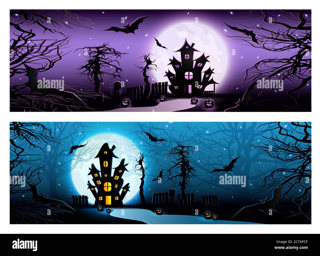 Halloween illustrations with houses, pumpkins, trees, moon and bats ...