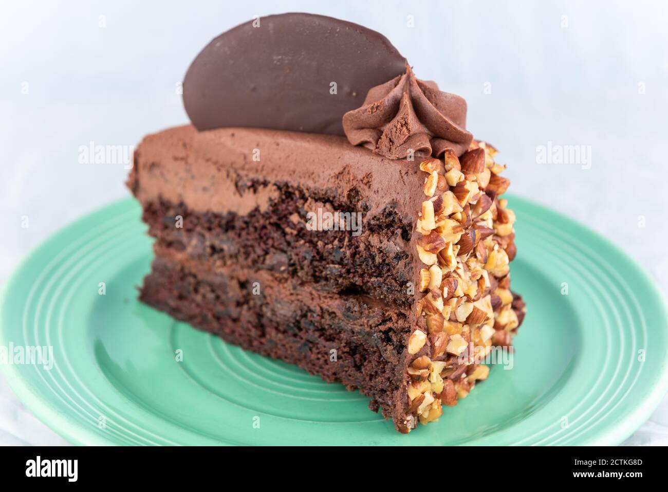 Healthy slice of chocolate cake with crushed nuts topping to complete a ...