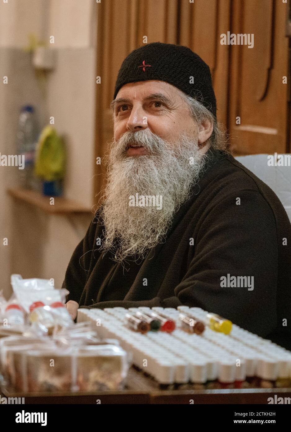 Jerusalem, Israel - 2019-04-26 - orthodox Greek Christian priest talks ...