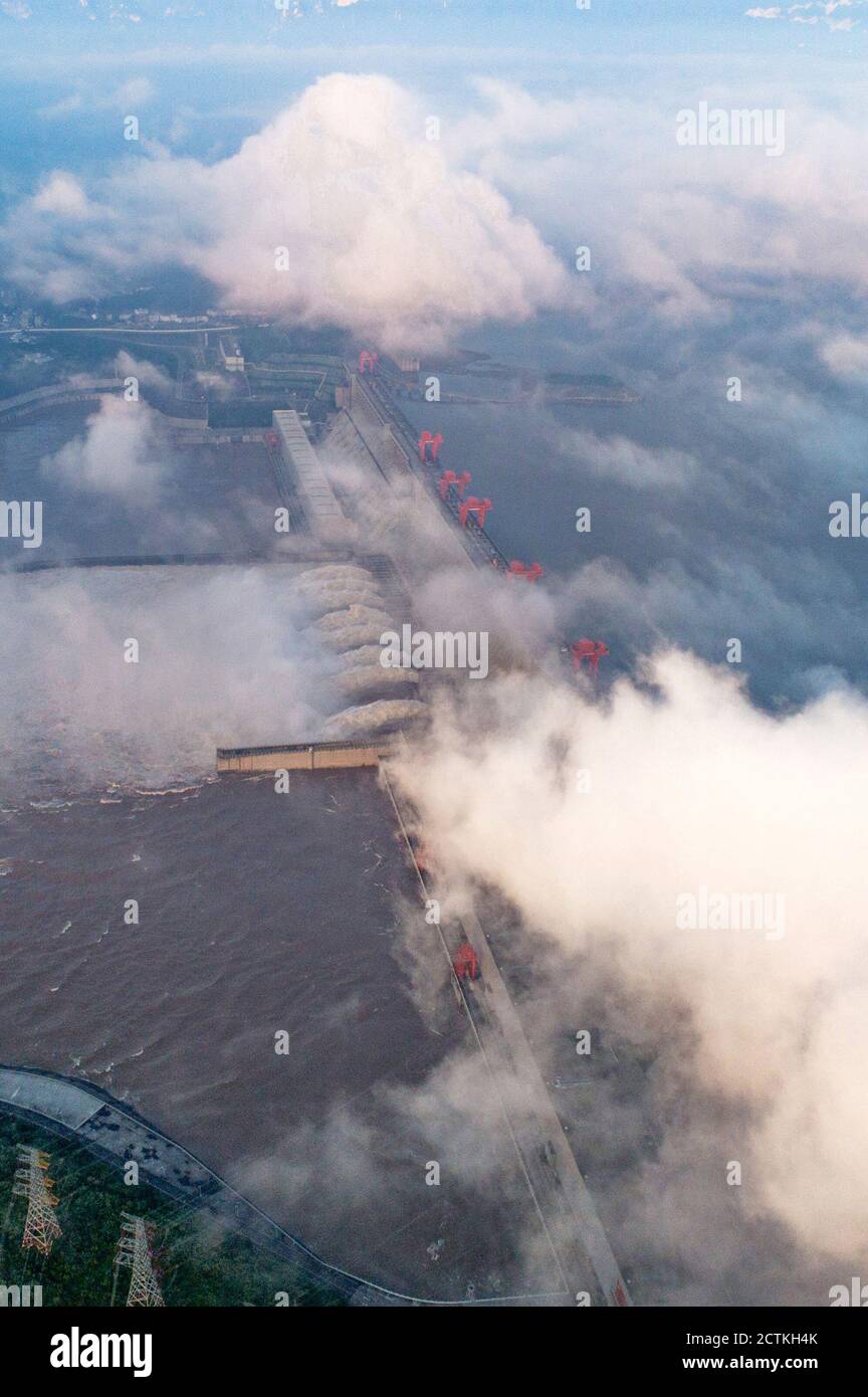 Photo taken on Aug 17, 2020 shows water gushing out from the Three ...