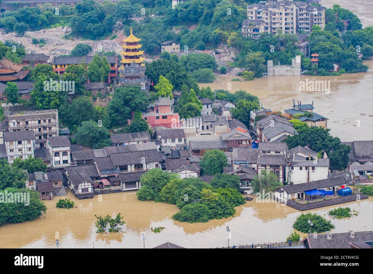 Aerial photo taken on Aug. 19, 2020 shows the flooded area in Ciqikou ...