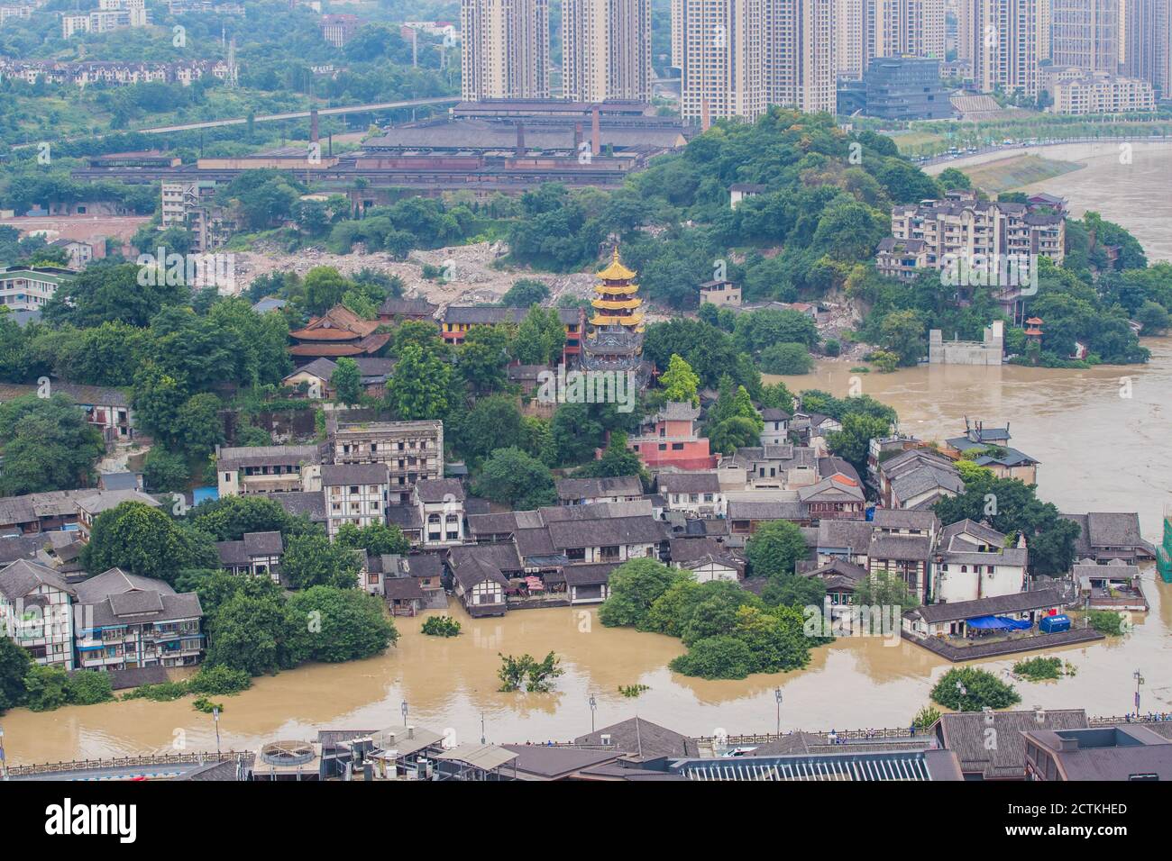 Aerial photo taken on Aug. 19, 2020 shows the flooded area in Ciqikou ...