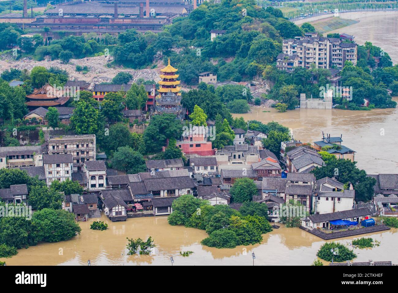 Aerial photo taken on Aug. 19, 2020 shows the flooded area in Ciqikou ...