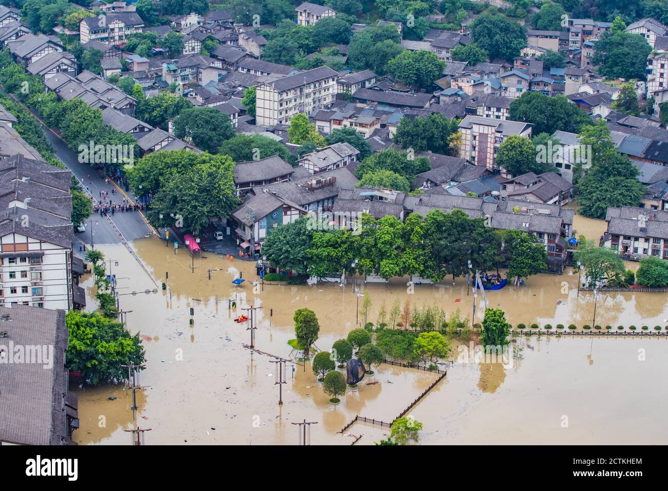 Aerial photo taken on Aug. 19, 2020 shows the flooded area in Ciqikou ...