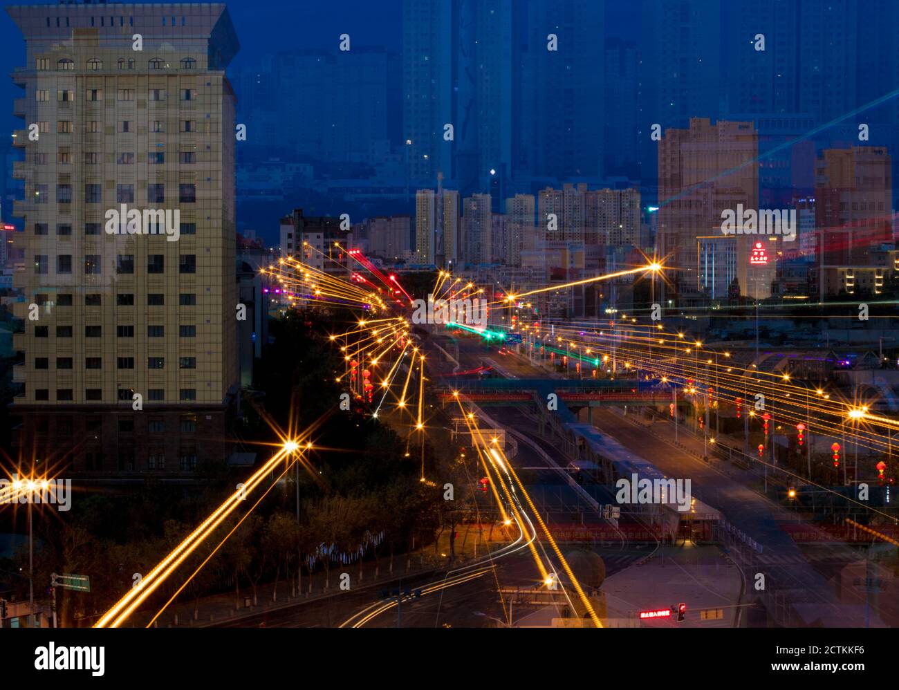--File--Aerial view of the lighted street of Urumqi city, northwest ...