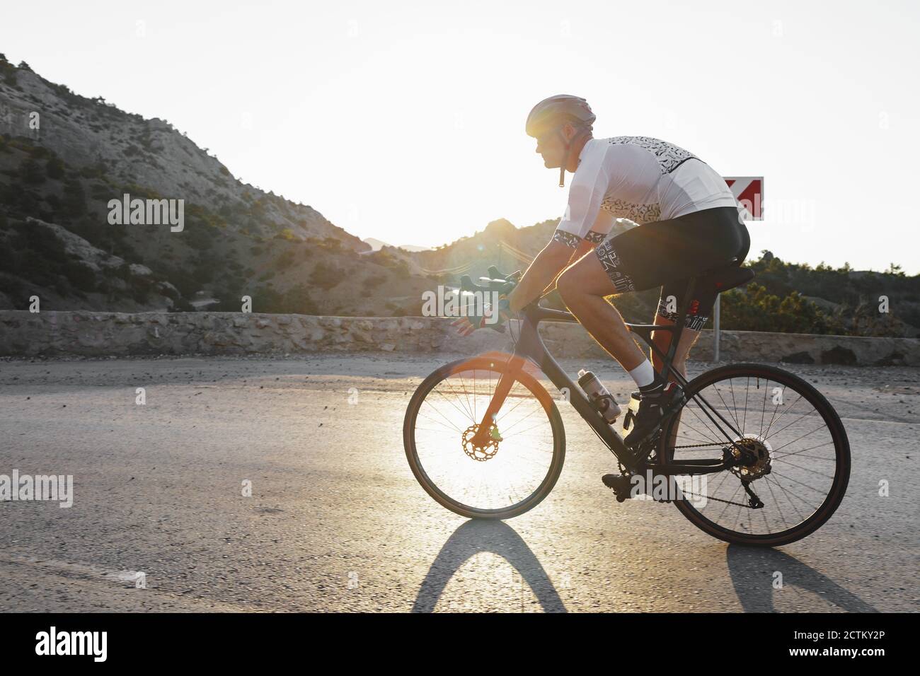 Professional road bicycle racer in action on mountain road Stock Photo ...