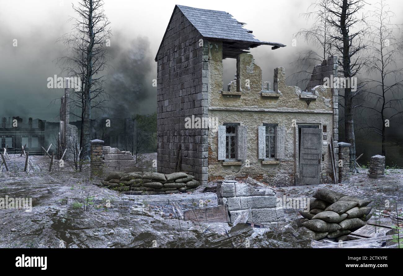 War Torn House in apocalyptic landscape, 3D illustration, 3D rendering ...