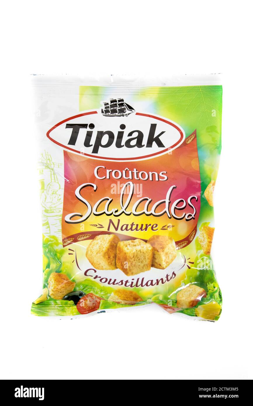 packet of Tipiak brand salad croutons isolated on a white background ...
