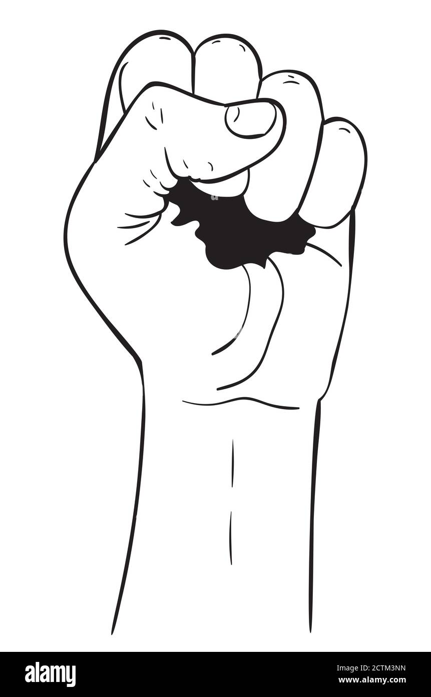 Simple line art of raised fist, black and white illustration Stock ...