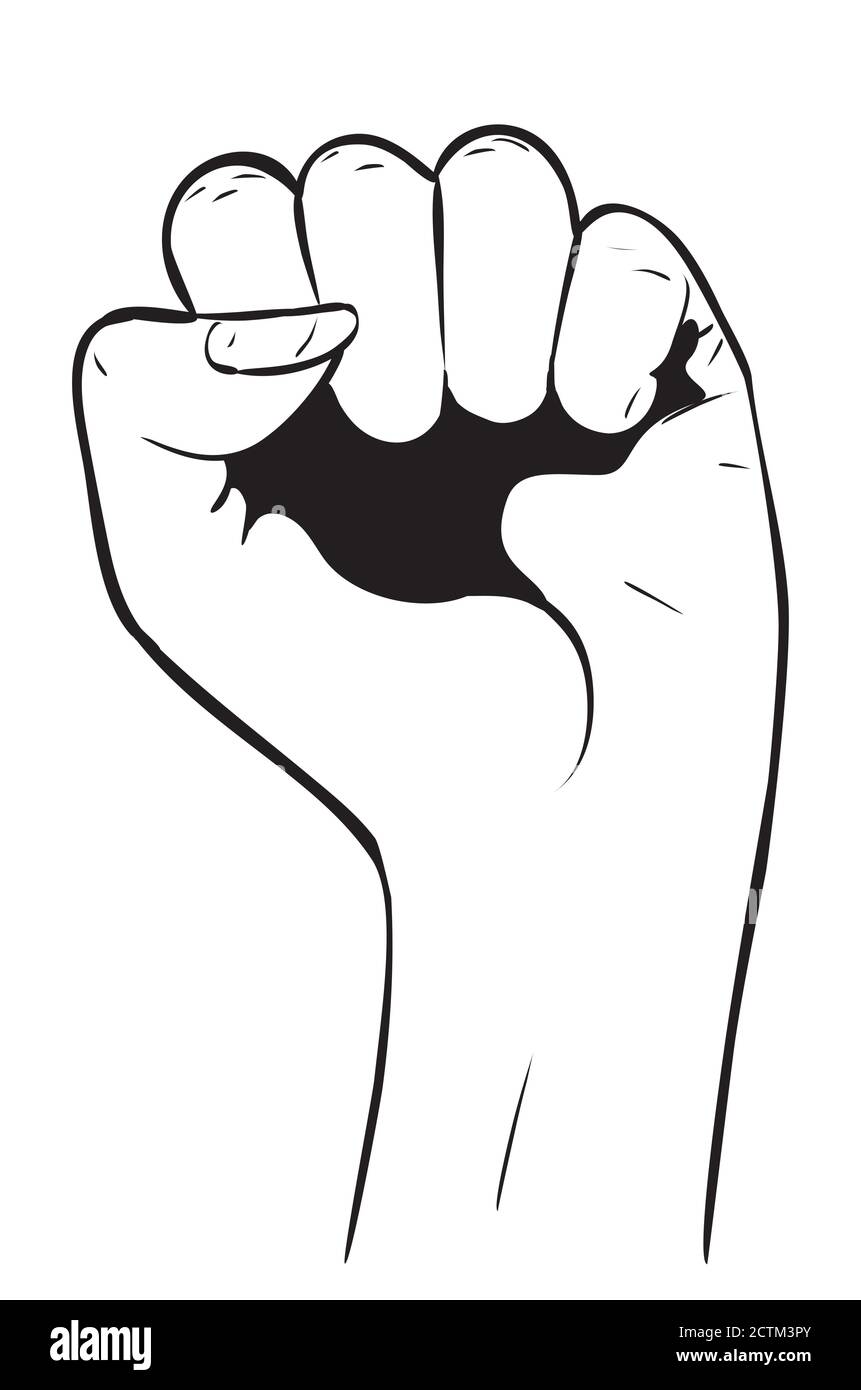 Simple line art of raised fist, black and white illustration Stock ...
