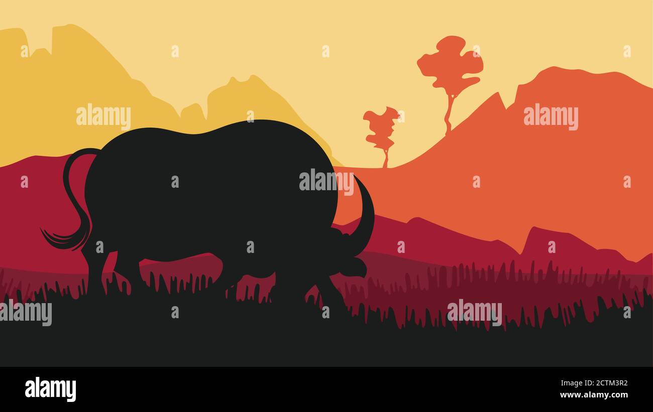 Illustration of landscape and bull silhouette at sunset time Stock ...