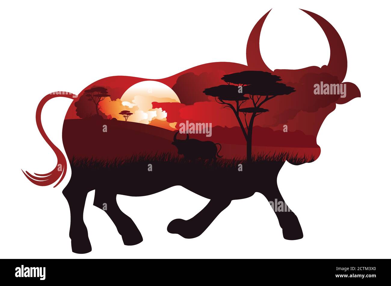 Illustration of sunset landscape inside of a bull silhouette design ...