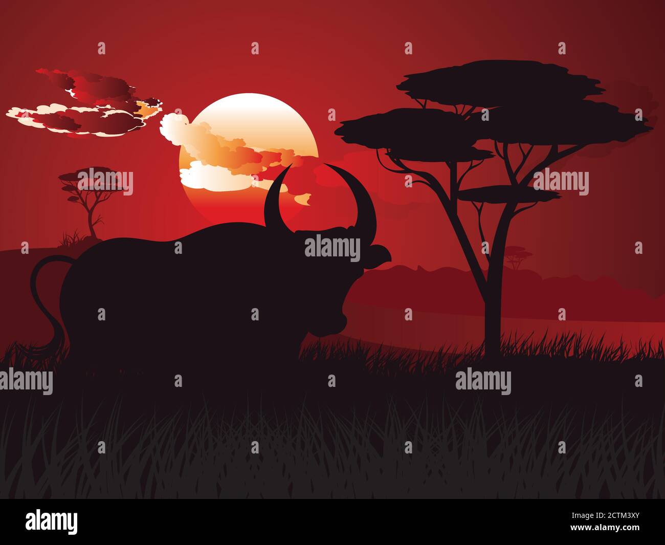 Illustration of landscape and bull silhouette at sunset time Stock ...